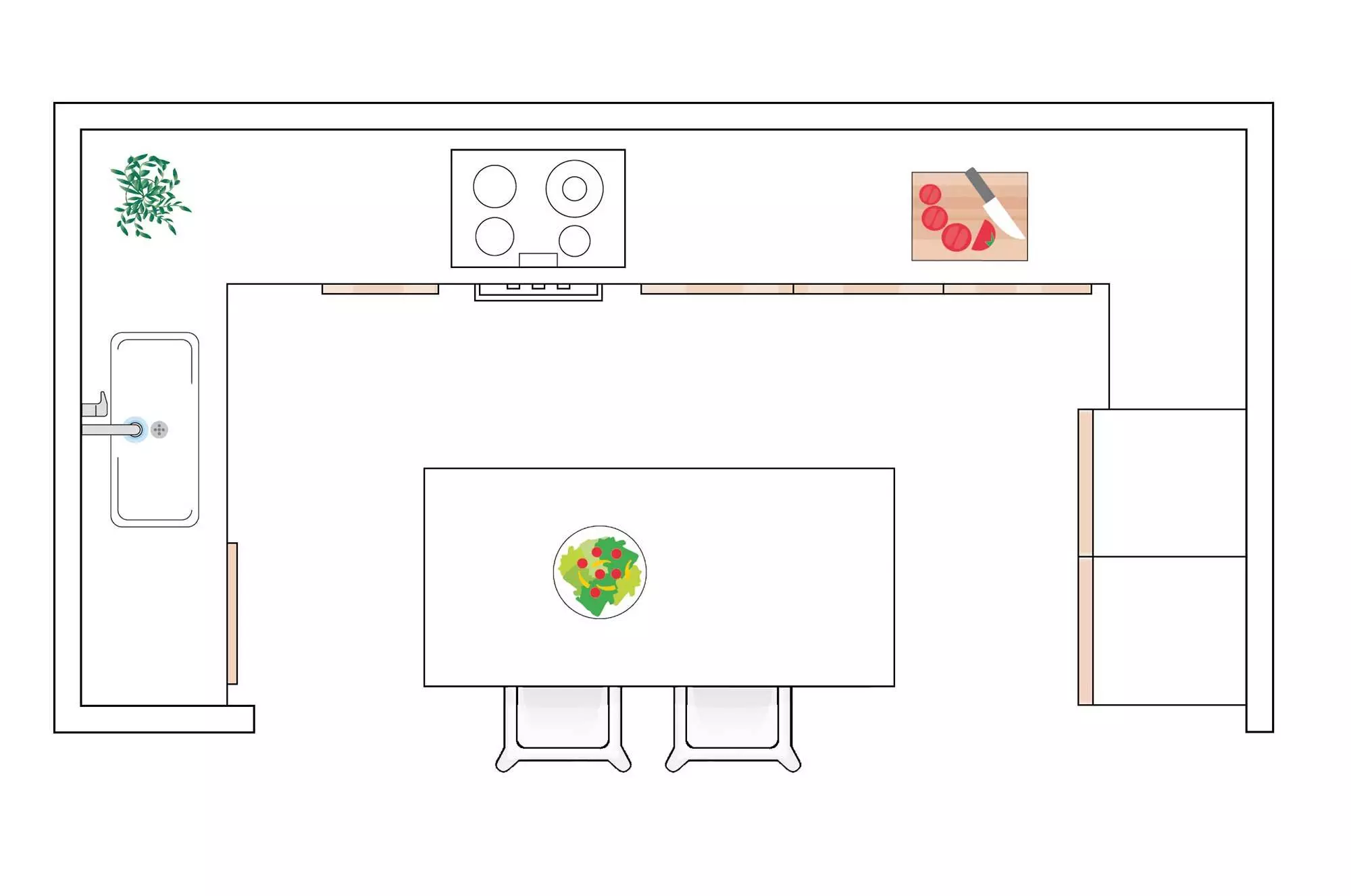 مخطط مطبخ صغير على شكل حرف U مع جزيرة.
