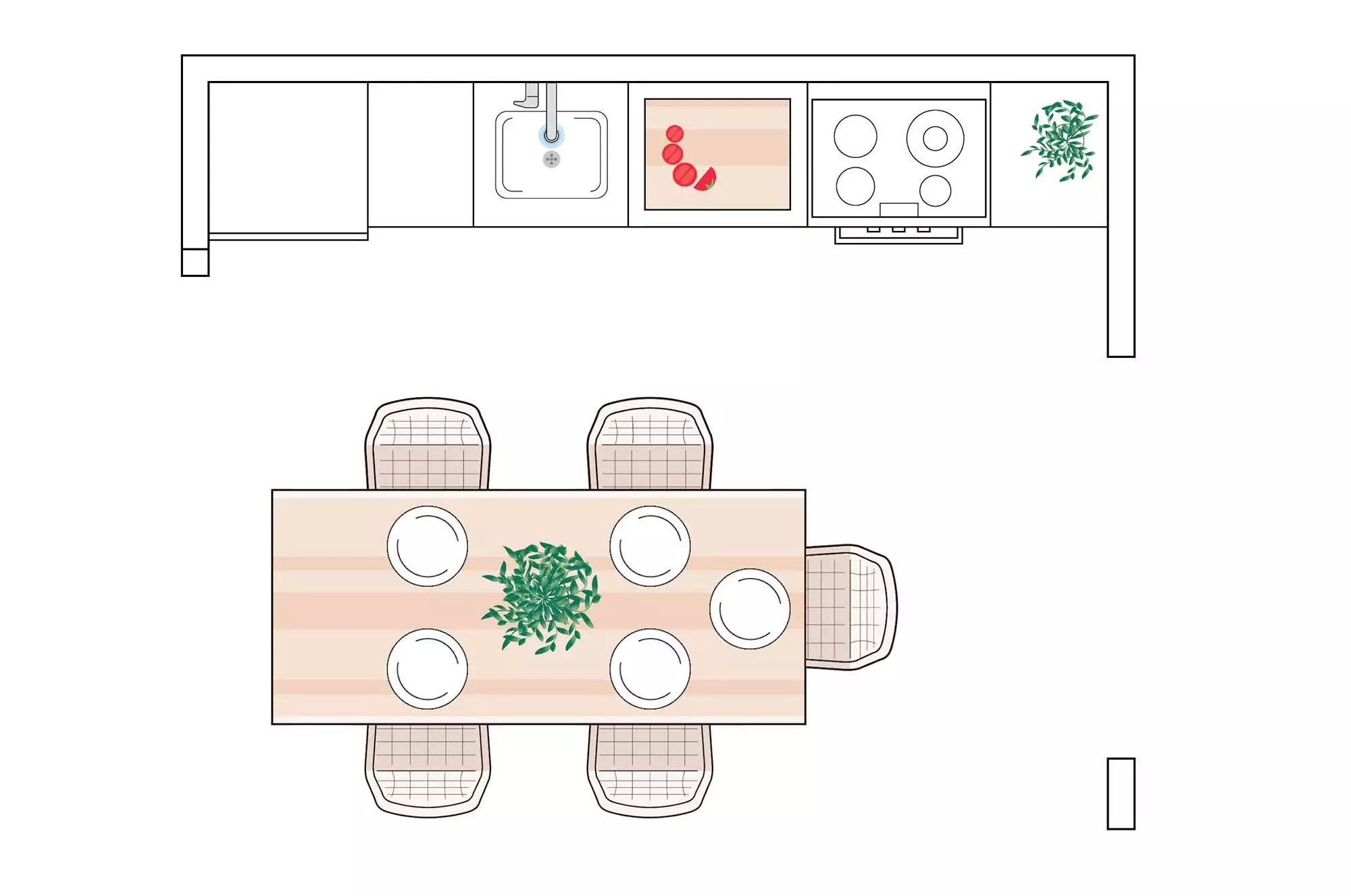 Plan einer kleinen Küche, die zum Esszimmer und zum Wohnzimmer offen ist.