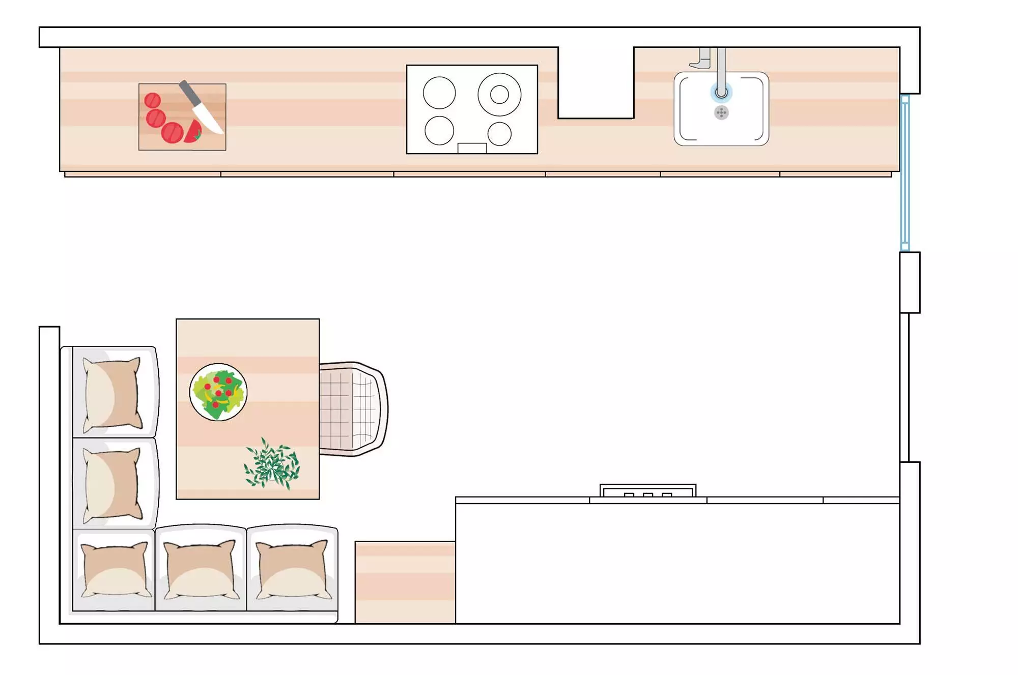 Kleiner Küchenplan offen zum Wohnzimmer mit zwei Schrankfronten.