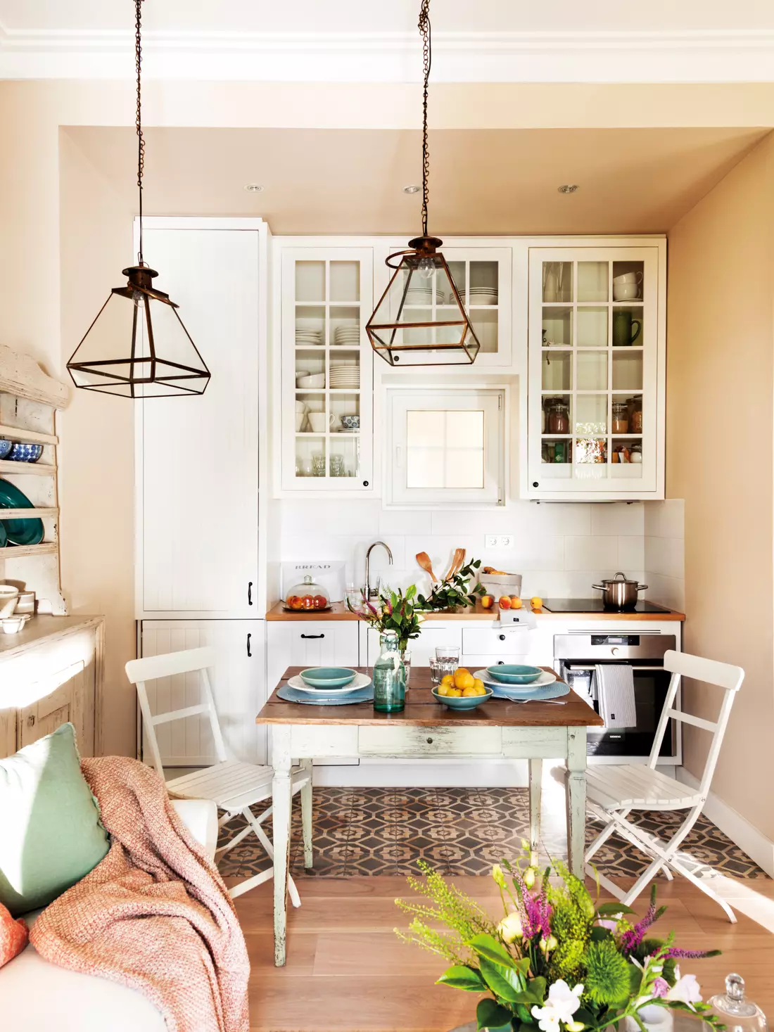 Kitchen open to the living room with office with Provencal furniture and pantry