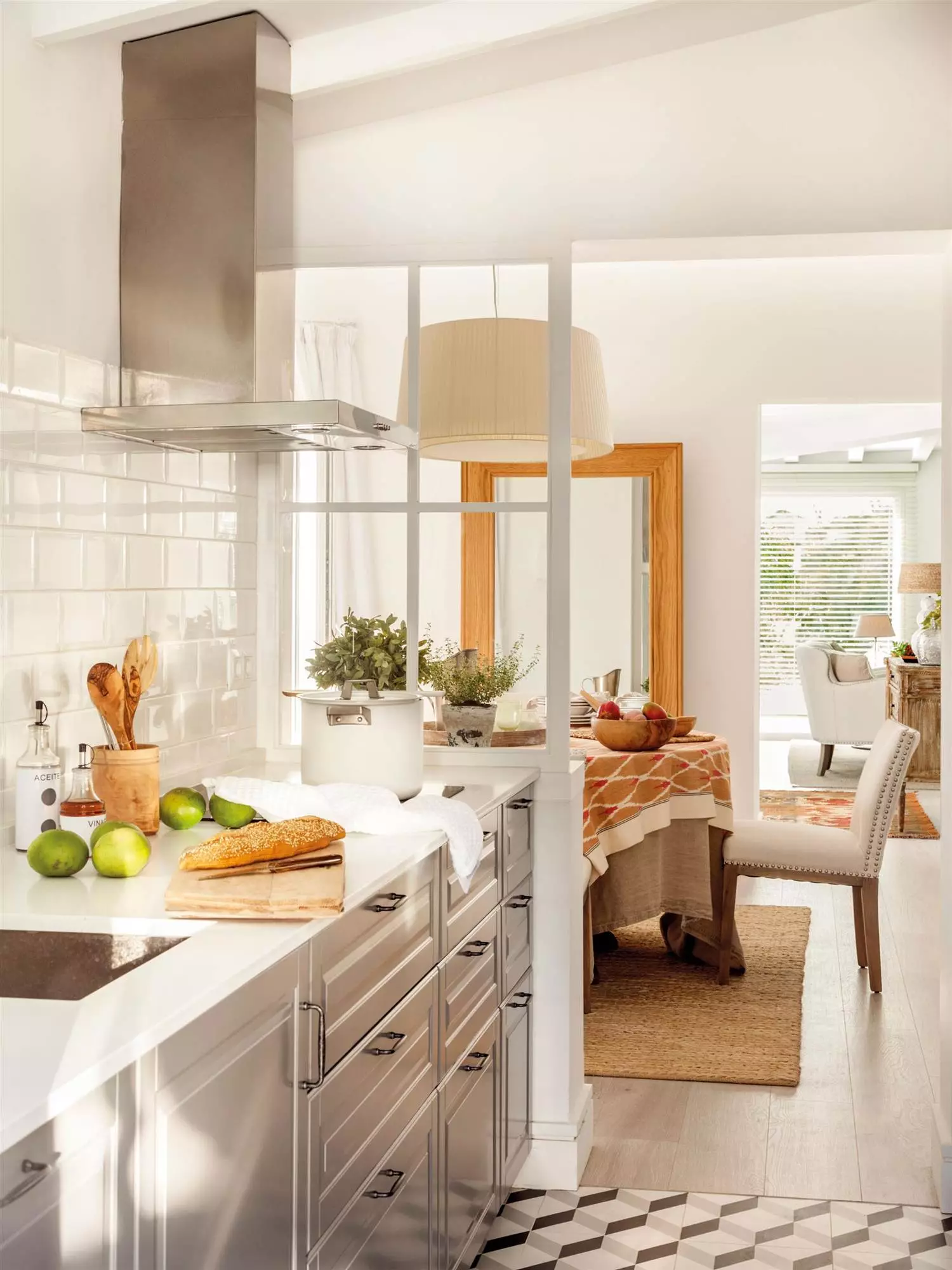 kitchen with glass panel to living room