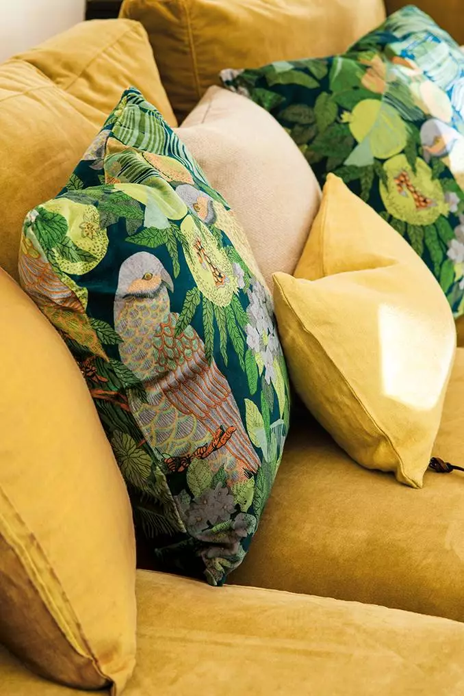 Mustard Sofa Green Botanical Cushions