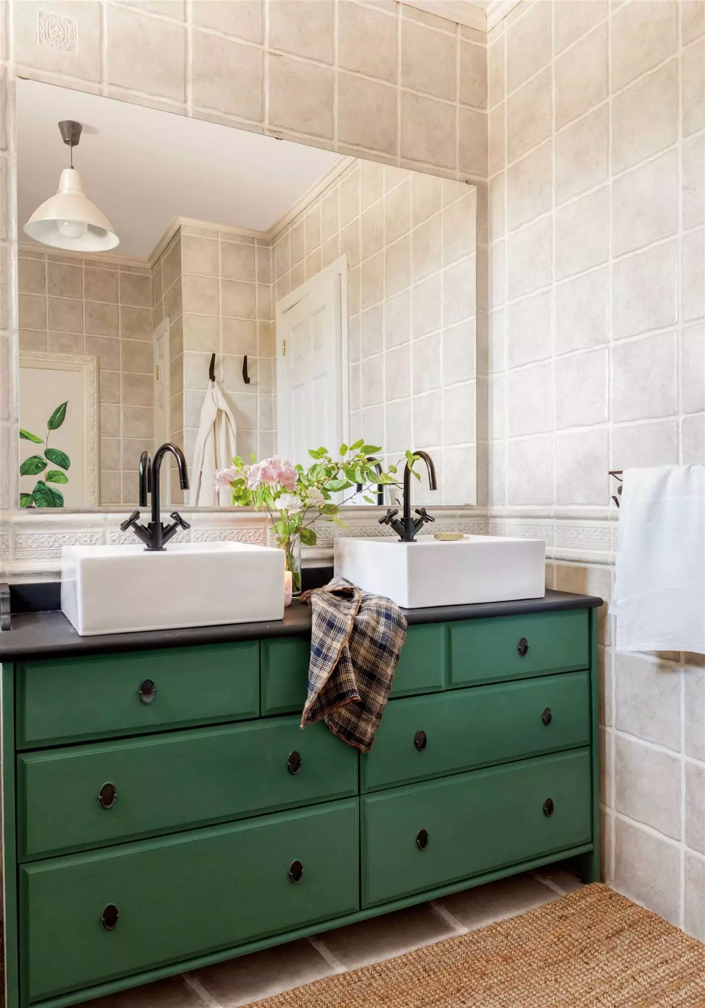 00540666 Green painted chest of drawers converted into a bathroom cabinet