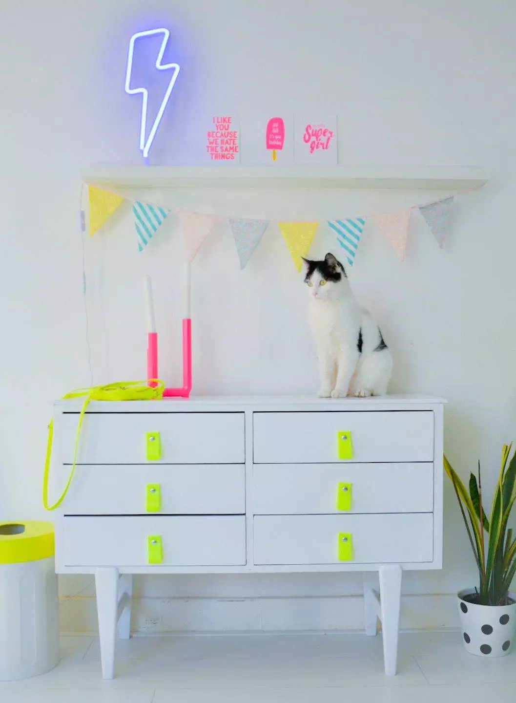 Sudut dengan almari laci dan rak dihiasi dengan warna neon