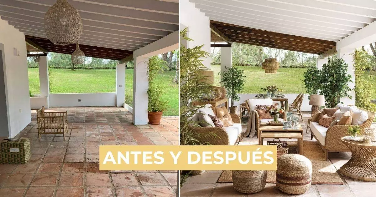 Vorher und nachher: von der beschädigten Veranda bis zur Super-Veranda, die von El Mueble mit Stücken von El Corte Inglés dekoriert wurde