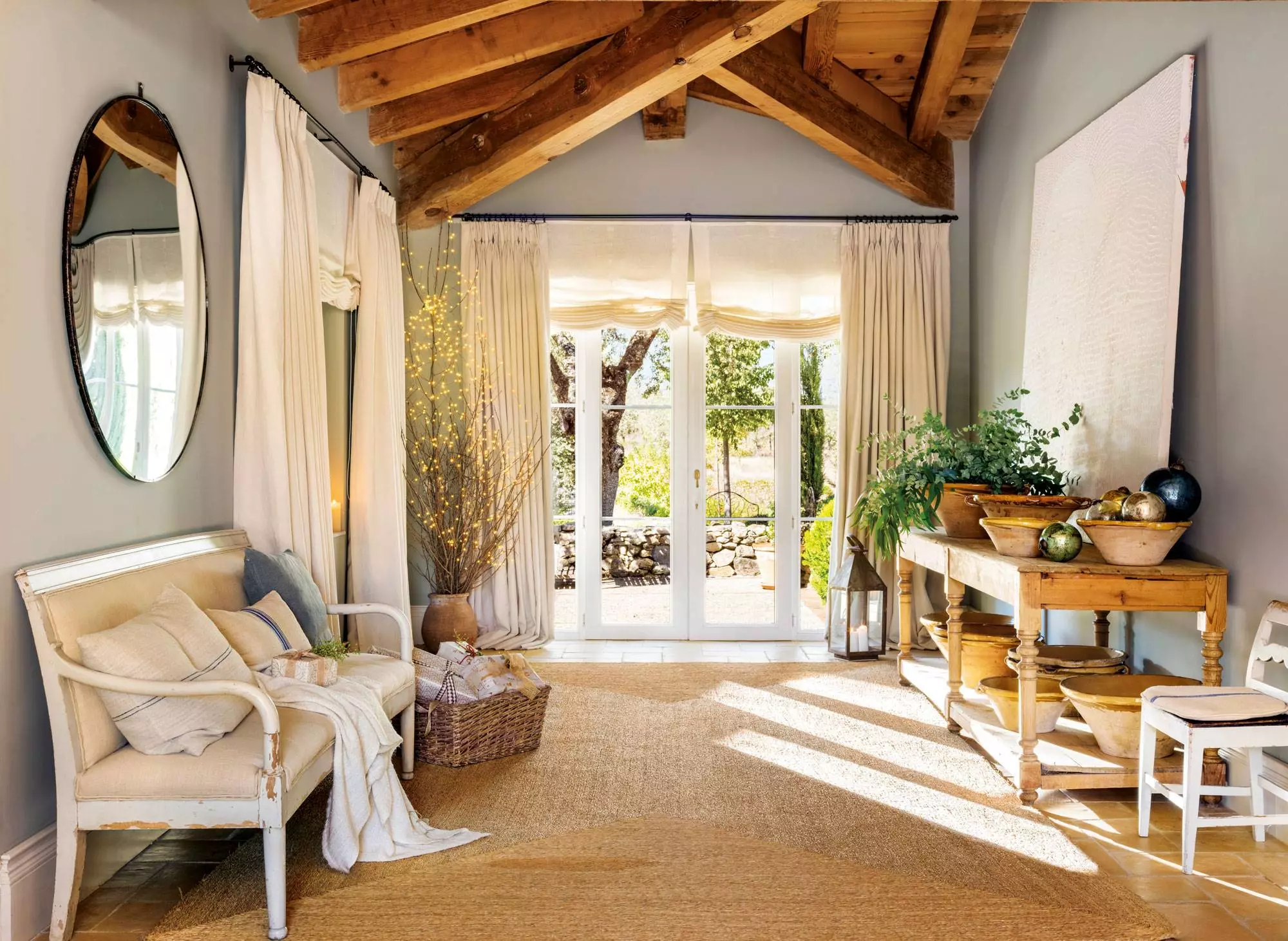 Hall with wood-lined ceiling that helps to soundproof.