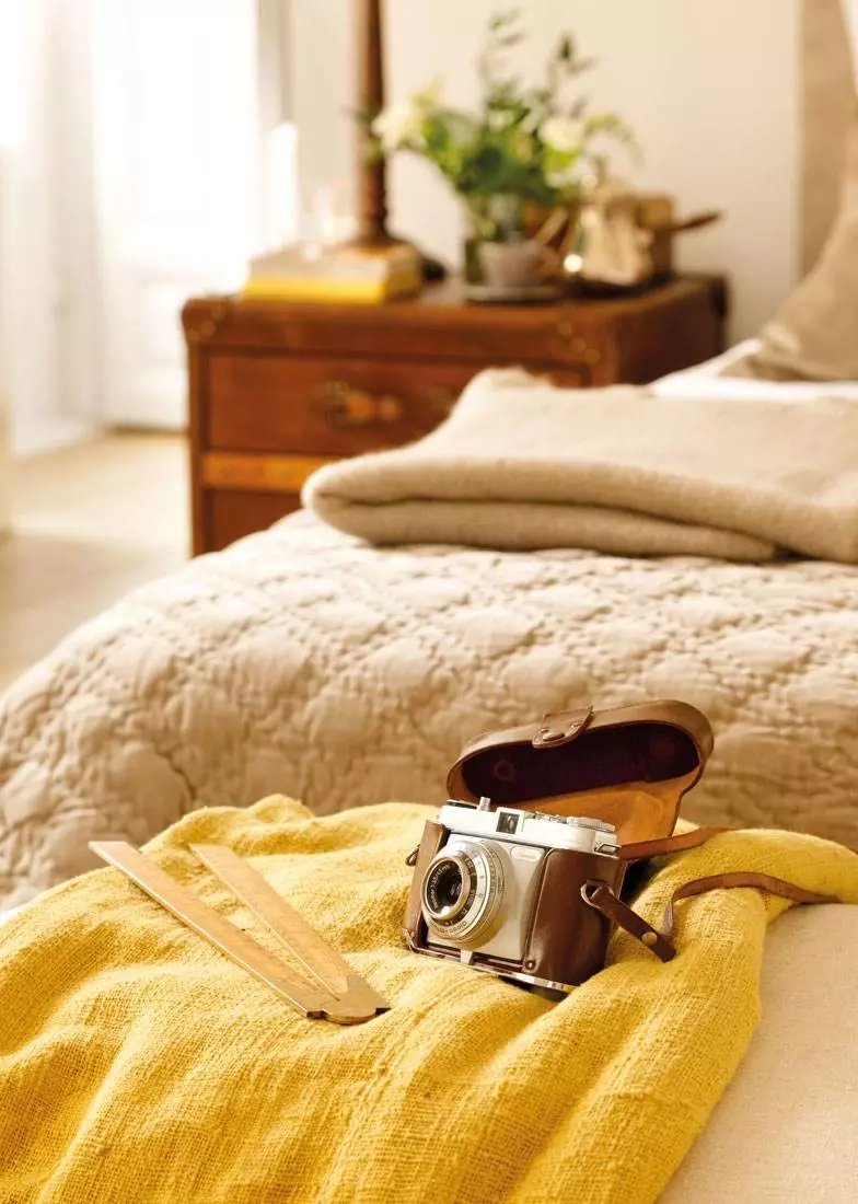 retro-camera-on-mustard-plaid-in-room 00336294