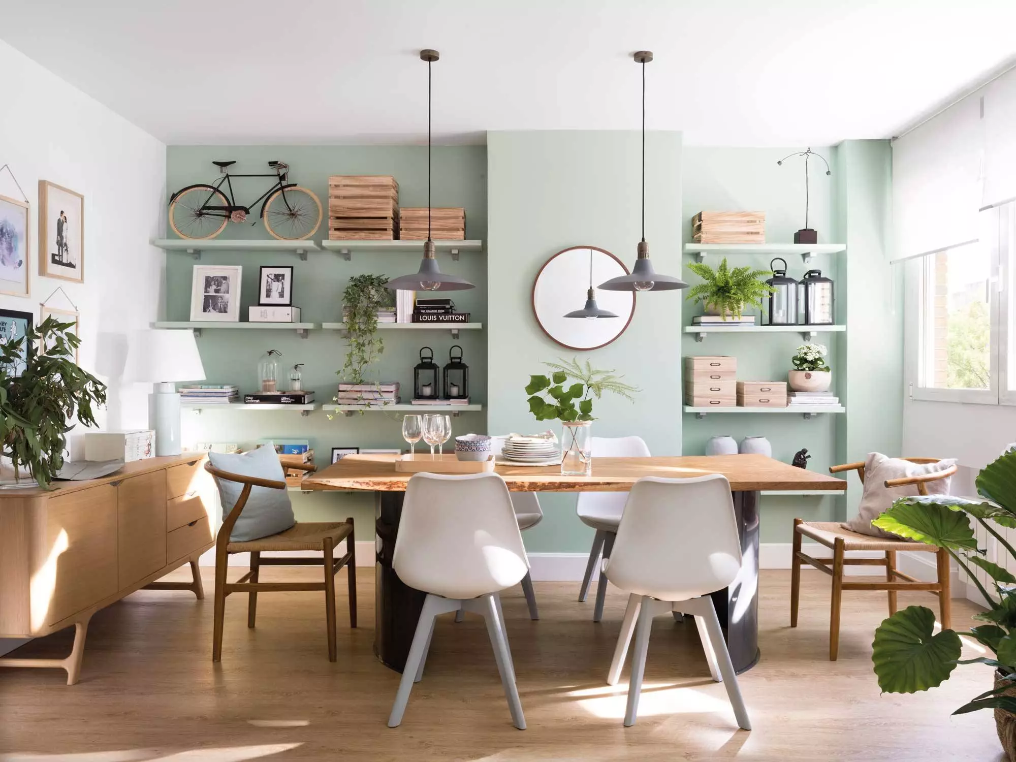 wooden-dining-room-with-green-wall-and-shelf-00510076