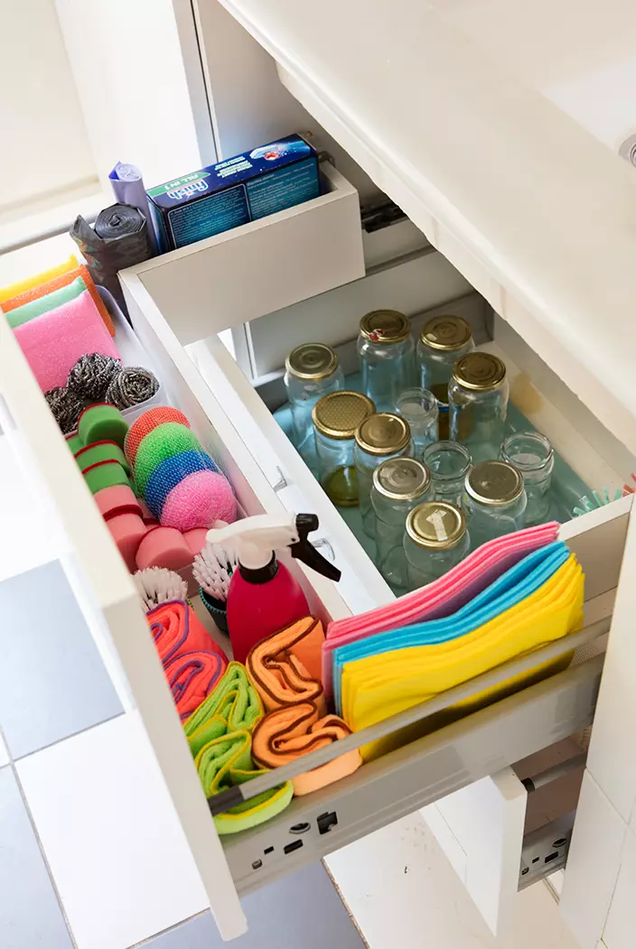 cleaning drawer with cloths and rags