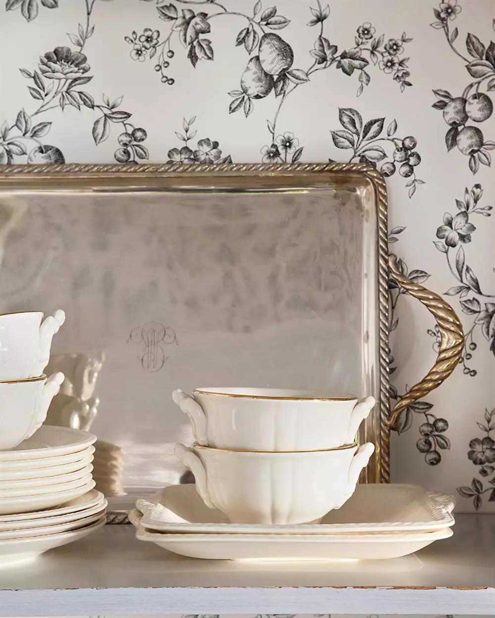 Detail of silver tray and tea set