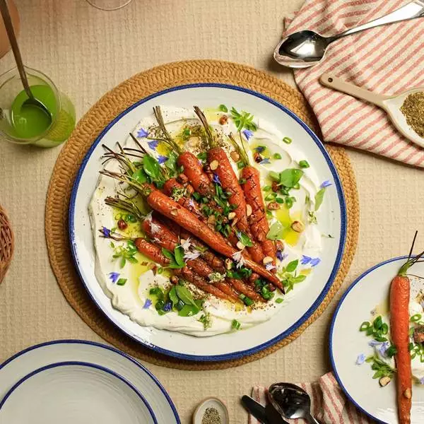 Homemade yogurt cheese, roasted carrots, parsley oil at thyme