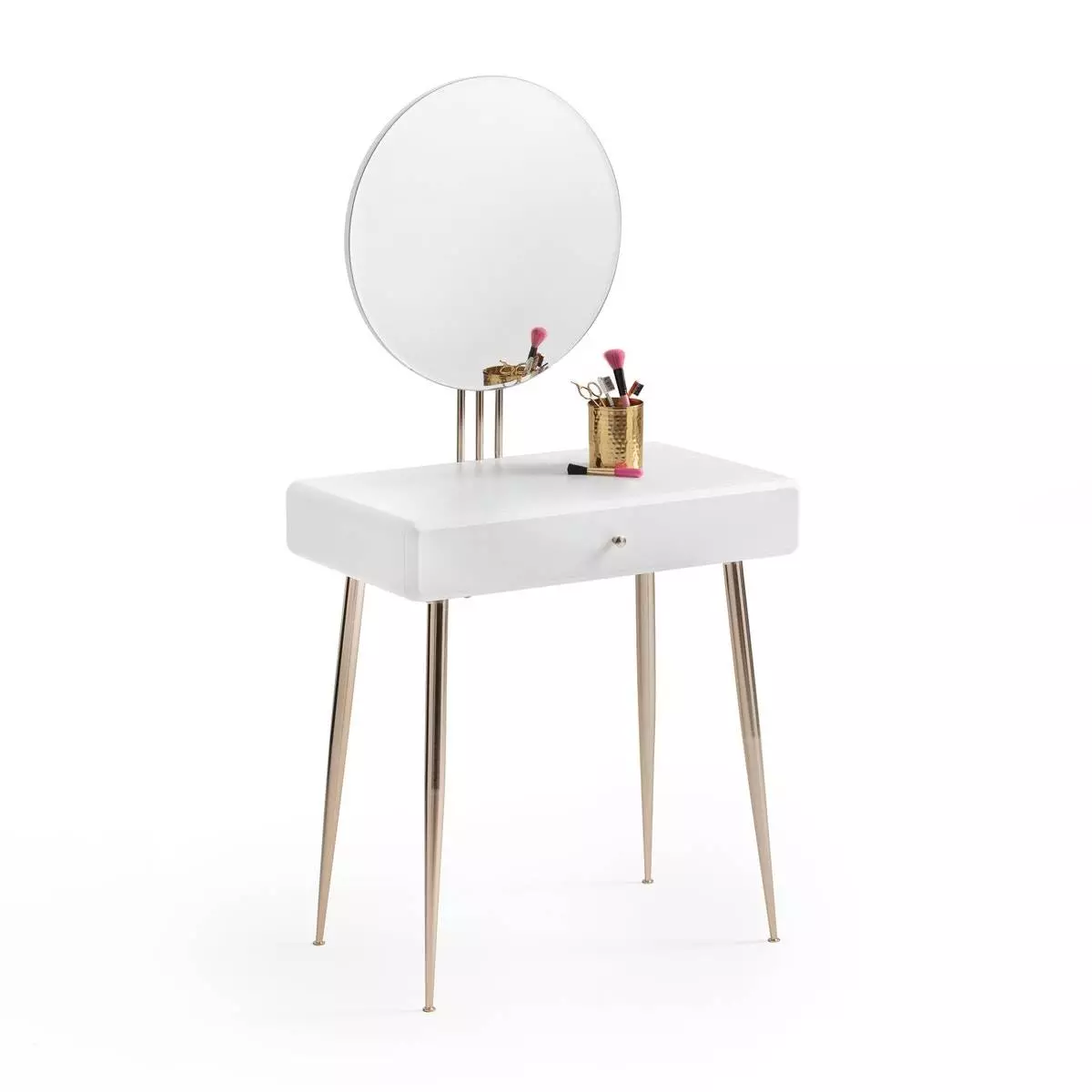 Mahusay na dressing table na may built-in na salamin, na idinisenyo sa puti na may mga gintong legs ni La Redoute