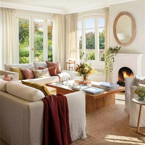 living room with fireplace and white sofas 00530406